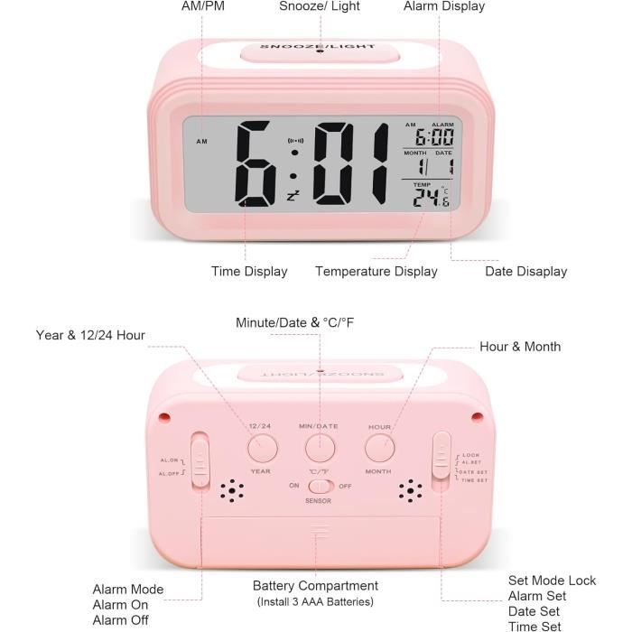 Reveil Matin Numerique Lumineux Led Digital A Piles Silencieux Aalarm Clock De Voyage Avec Gros ...