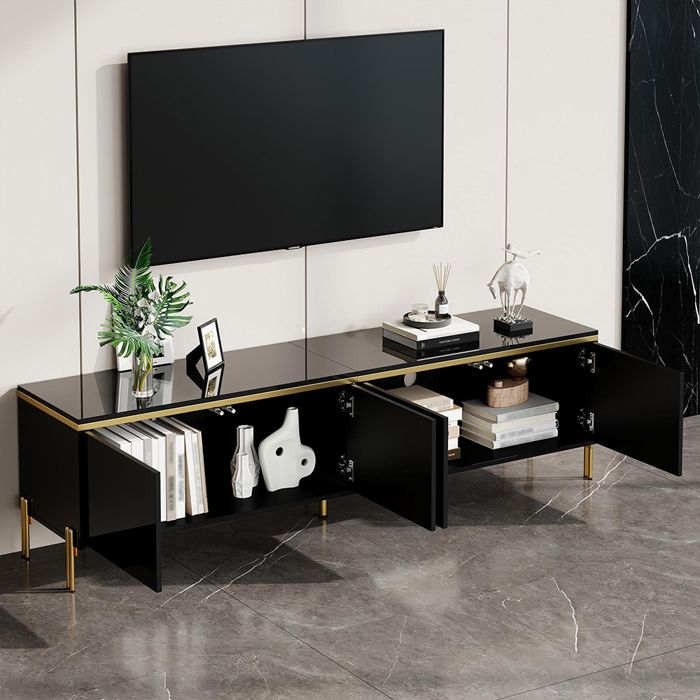 Meuble TV - 170x38x50 - Noir - 4 portes - Bordure dorée - Finition ...