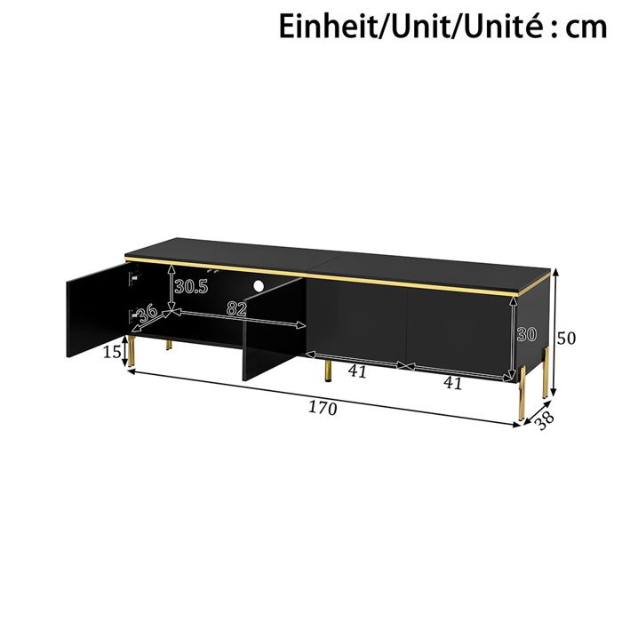 Meuble TV - 170x38x50 - Noir - 4 portes - Bordure dorée - Finition ...