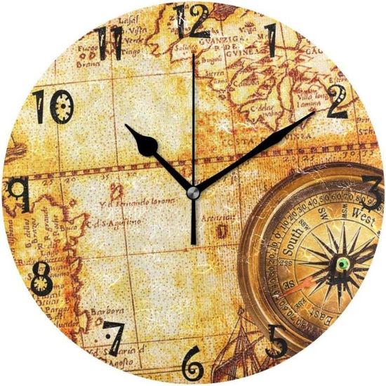Boussole Carte D’Art Pendule Murale Décoratif Horloge de Mur Circulaire ...