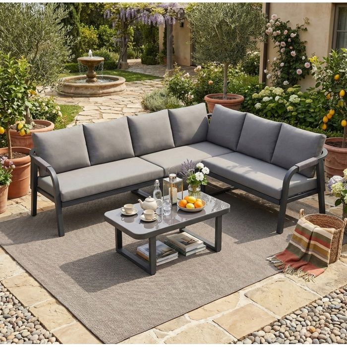 Salon de jardin d'angle avec table basse, 6 places, accoudoirs et ...