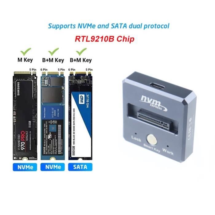 NVME SATA-RTL9210B--Adaptateur SSD M2 SATA NVMe vers USB 3.1, 10Gbps, fiche directe, boîtier M.2 ...