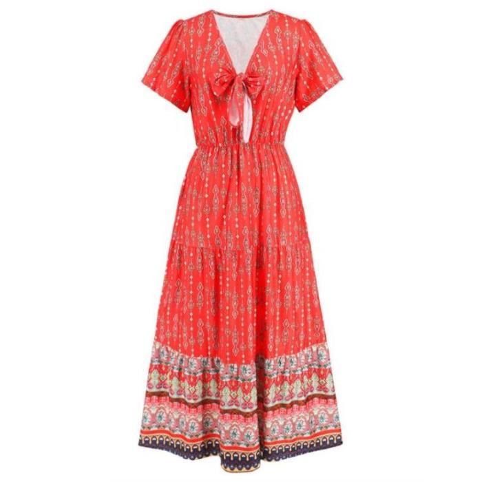 Robes de femmes Long vintage station balnéaire imprimé Lq610-Rouge ZP ...