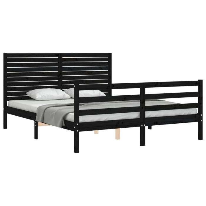 L3912-Cadre de lit avec tête de lit noir King Size bois massif-Pwshymi ...