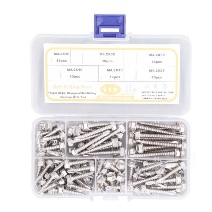 VBESTLIFE Jeu de vis autoperceuses 115 pièces vis autoperceuses hexagonales M4.2 304 vis haute ...