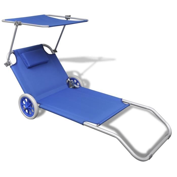 Lit de plage en aluminium pliable avec auvent et roues bleu - Cdiscount ...