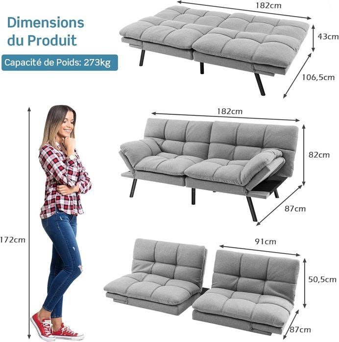 RELAX4LIFE Canapé-lit 5 en 1 Convertible | Mousse à Mémoire | Dossier ...