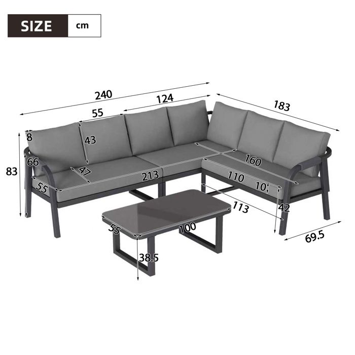 Salon de jardin d'angle avec table basse, 6 places, accoudoirs et ...