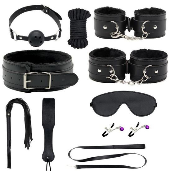 Cuir Noir 9pcs Accessoires érotiques Menottes Jouets Sexuels Pour