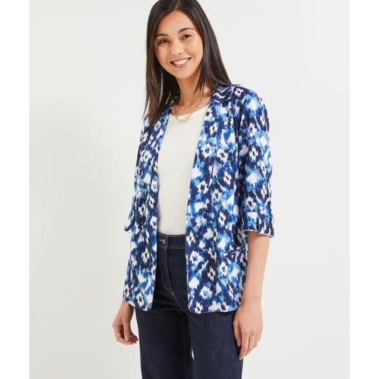 Veste fluide femme - GRAIN DE MALICE - Imprimé à moifs bleus - Manches 3/4 - Coupe droite Bleu ...