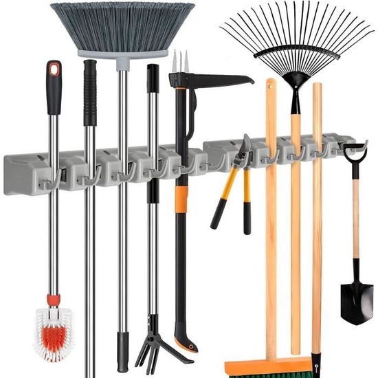 2 Pièces Accroche Balai Mural, Porte Balais Mural avec 10 Emplacements et 12 Crochets, Balais ...