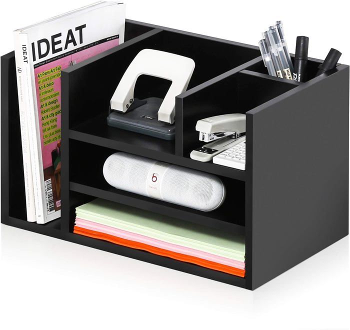Organiseur Bureau Bois Noir Avec 5 Rangements Fournitures Support ...