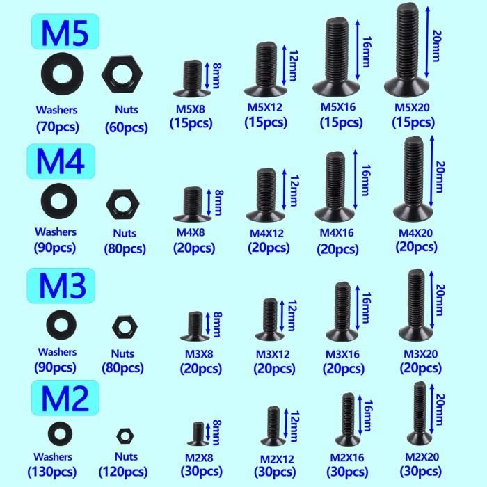 1065pcs Vis M2 M3 M4 M5 Noir Vis a Tête Cylindrique en Acier Au Carbone Vis Mécaniques écrous ...