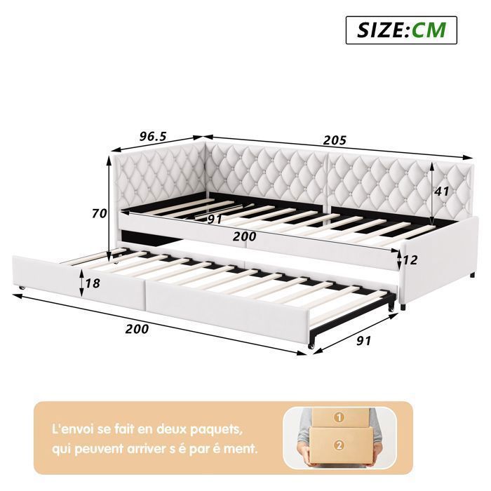Lit gigogne 90/180x200 cm - Canapé-lit extensible avec sommiers à ...