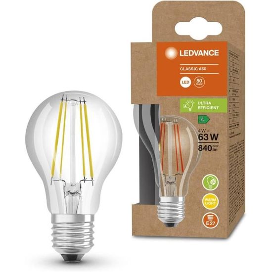 Lampe À Économie D'Énergie À Led, Ampoule À Filament En Verre, E27, Blanc Chaud (3000K), 4 Watts ...