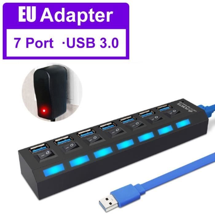 USB3.0 7Port avec l'UE - Répartiteur 3 Hab avec adaptateur secteur et ...