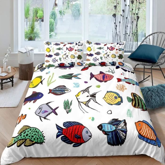 Enfants Fish Parure De Lit 140X200Cm Dessin Animé Ocean Creature Parure ...