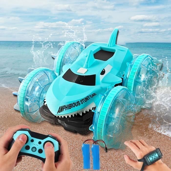 Voiture Télécommandée Amphibie Bateau Cascades Véhicule Requin, Flips à 360° et Rotation, Jouet ...