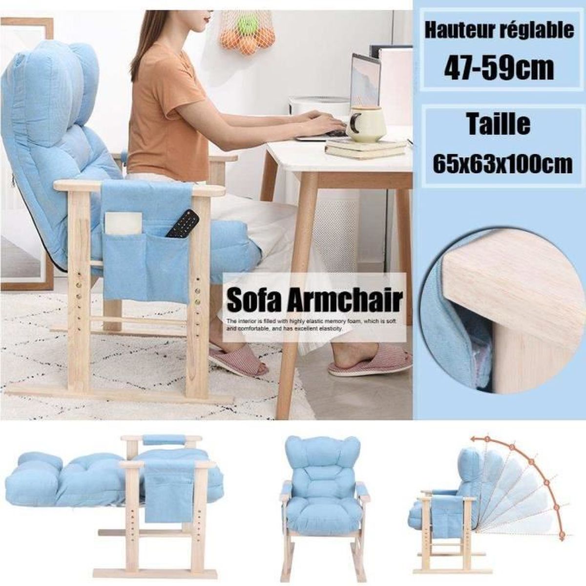 Viesurchoix©-Fauteuil réglable en hauteur avec accoudoirs （bleu ...