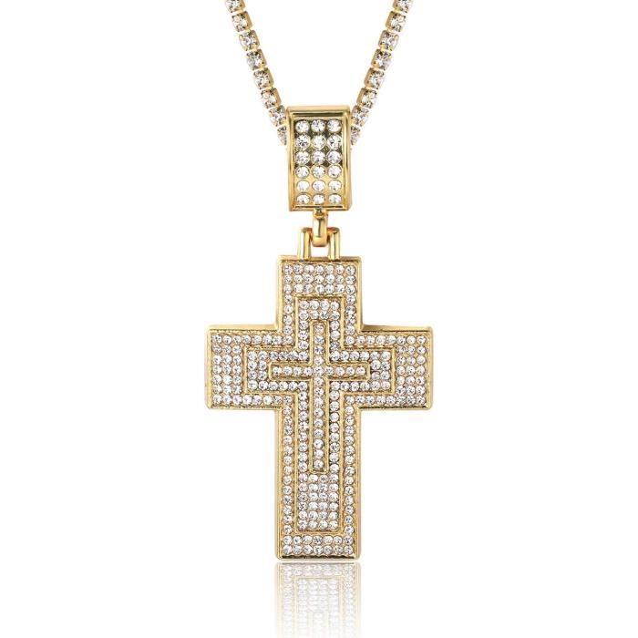 Chaîne En Or Avec Croix Homme Iced Out,Véritable Plaqué Or 18 Carats ...