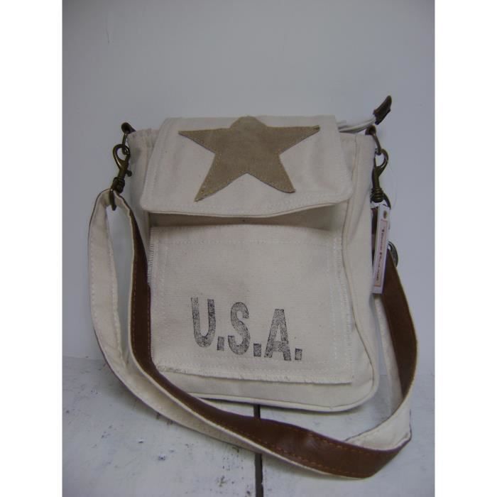 SAC BANDOULIERE TOILE VINTAGE ECRU ETOILE ANSE CUIR - Cdiscount ...