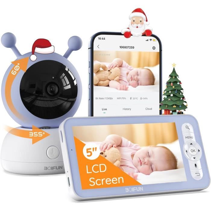 BOIFUN 1080P 5" Babyphone Caméra, PTZ 355°Camera Bebe, Surveillance des ...