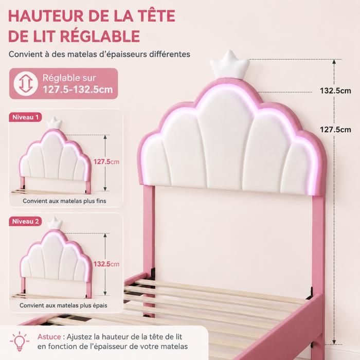 Lit Enfant 140x200 cm Rose, Lit Princesse avec Tête de Lit Couronne LED ...