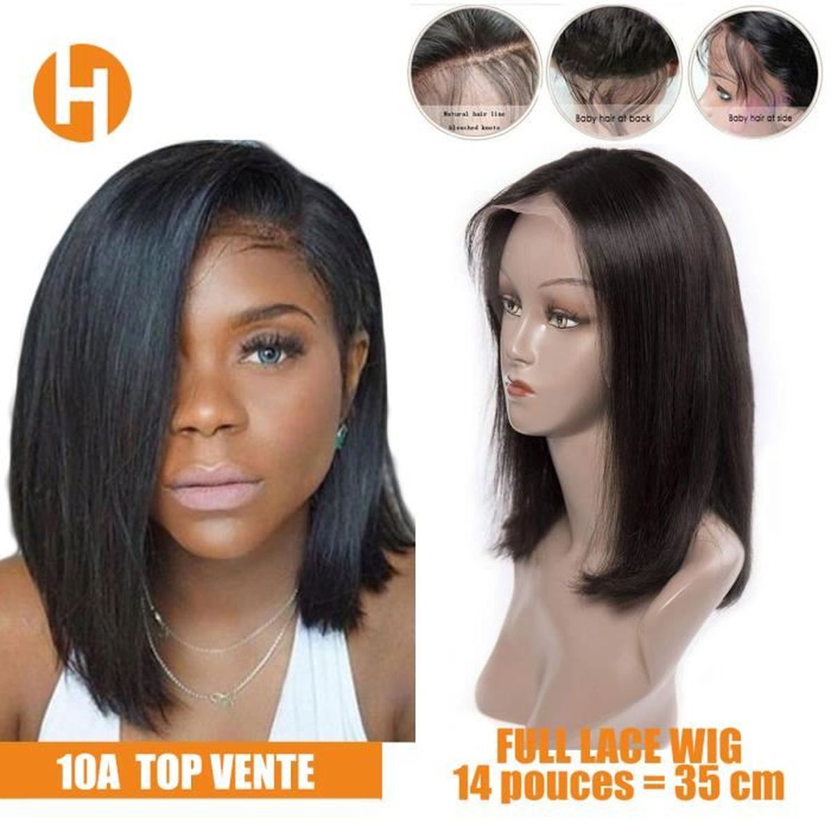 Full lace wig perruque bresilienne femme lisse REMY 14pouces=35cm 100% ...