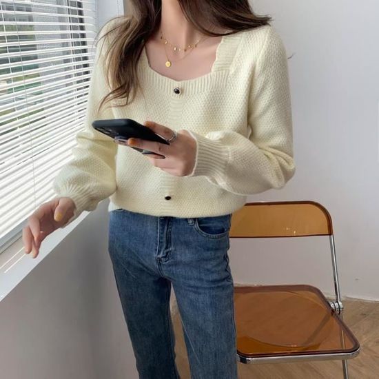 Pull,Pull à manches longues et col carré pour femme, tricot uni, Simple ...