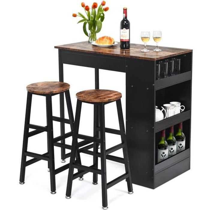 COSTWAY Ensemble de Table Haute de Bar 3 Pièces, avec 2 Tabourets de H70cm, Étagère Latérale à 3 ...