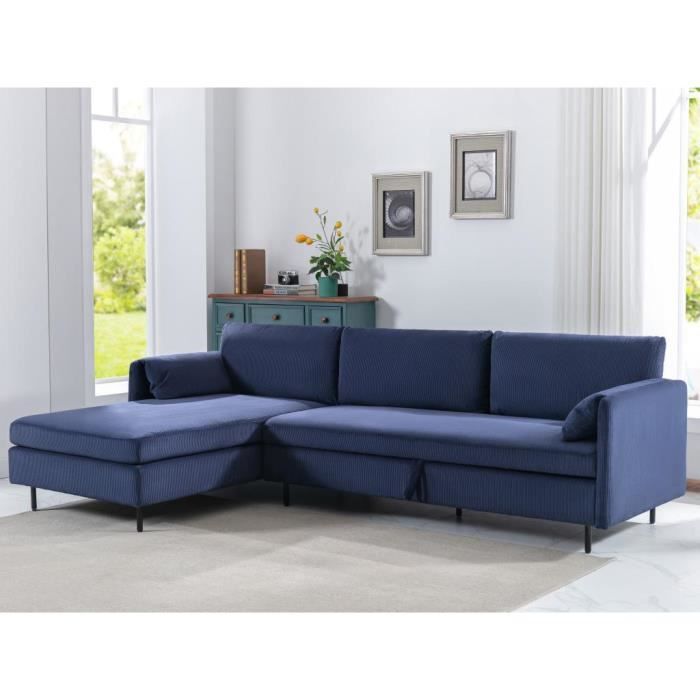Canapé d'angle gauche convertible en velours côtelé bleu foncé ...