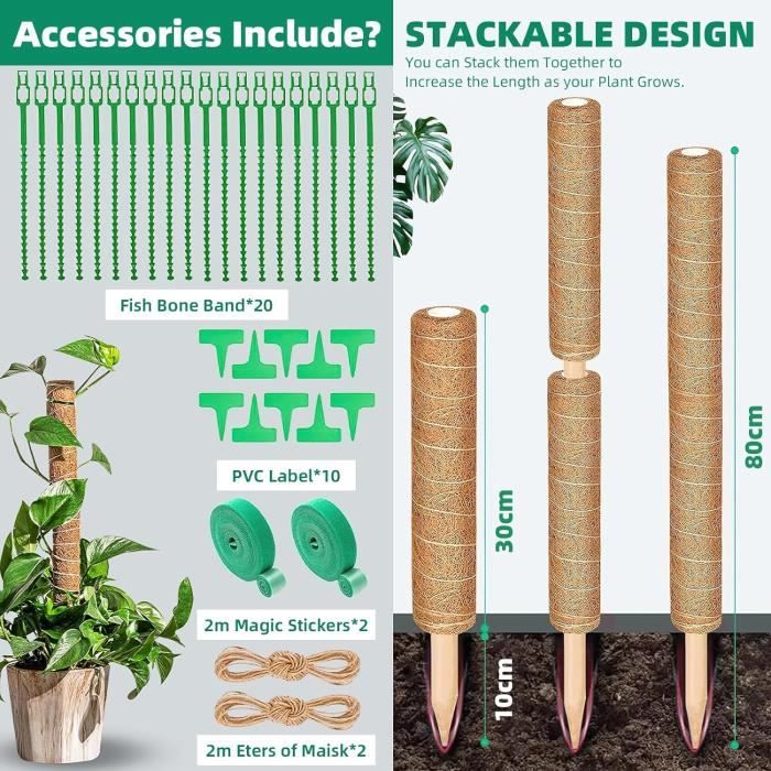 Tuteur Monstera, 4 Pcs 40 Cm Tuteur Coco, Sphaigne Avec Bande Velcro ...