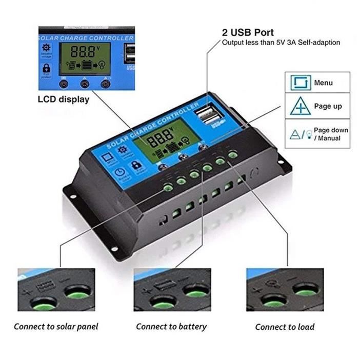 Contrôleur de panneau solaire - EJ.LIFE - PWM - 12V 24V - Gestion de charge - Écran LCD ...