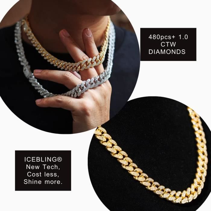 Chaîne Cubain Diamant Homme,14-20Mm Plaqué Or Véritable 18 Carats ...