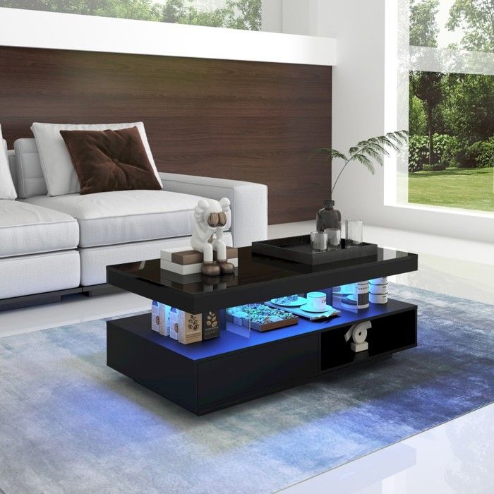 Table Basse Noire Brillante 95x50x42.5cm, 4 Plateaux Verre, 2 Tiroirs ...