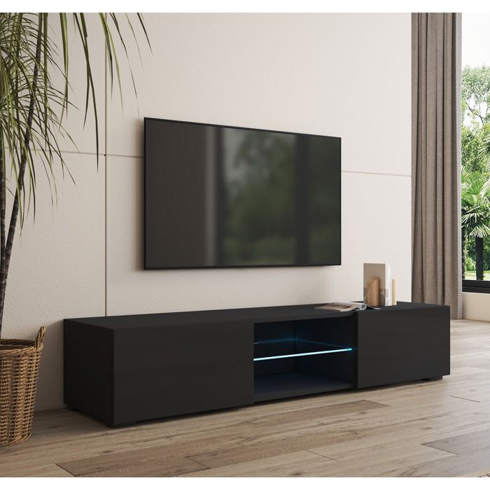 Meuble TV avec pieds pour Salon | LED bleu | Couleur Noir | 2 Portes 1 ...