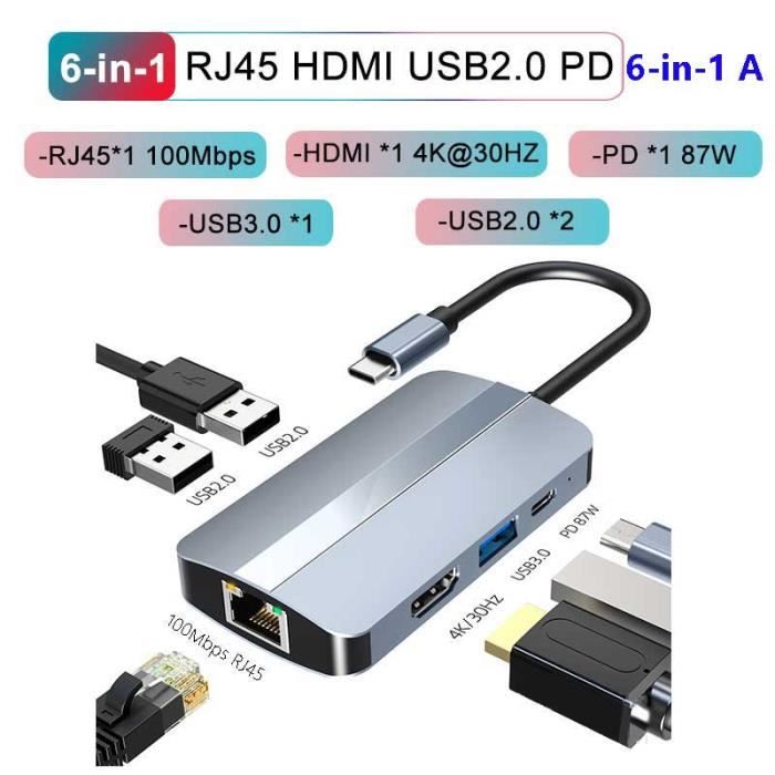 6 en 1 A - station'accueil 9 en 1 et hub USB, adaptateur séparateur, extenseur PD Type C 3 0 2.0 ...