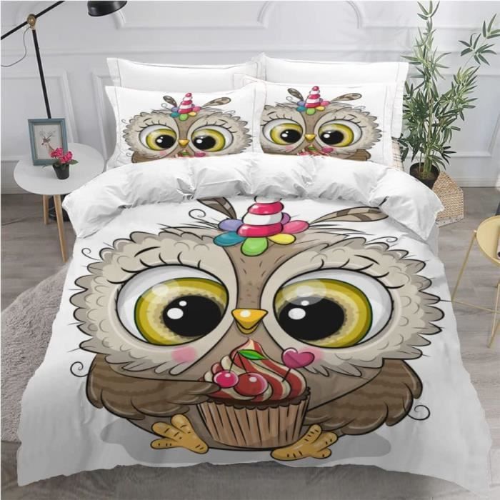 Housse de couette-220x240cm-Chouette Dessin Animé 3D Motif Animaux Mignons Douce Microfibre 3 ...