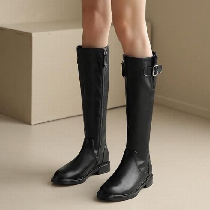 Bottes hautes femme - VITATA - Cuir PU noir - Lacets - Fond plat Noir ...