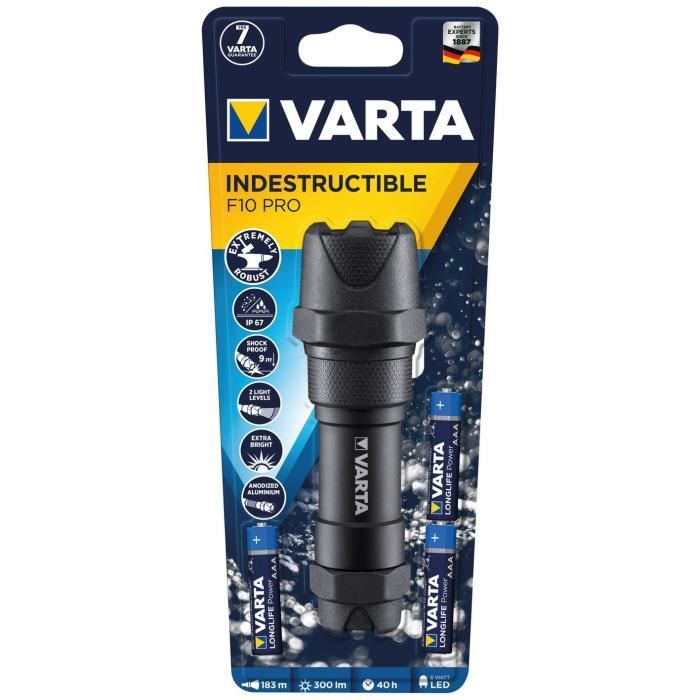 Lampe torche Indestructible F10 PRO LED 300 lm IP67 avec 3 piles AA - VARTA - 18_710_101_421 ...
