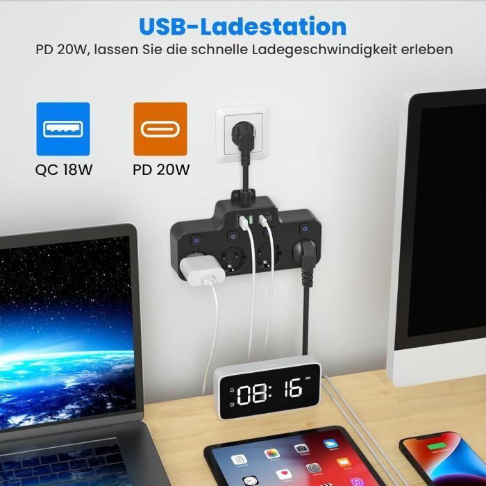 Multiprise Usb C Avec Interrupteur, Multiprise Murale 4 Prises Avec 4 ...