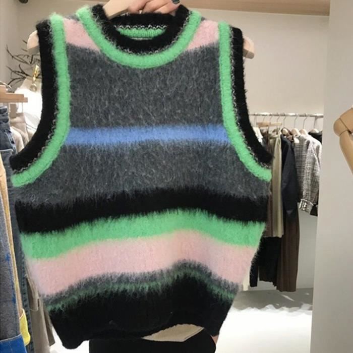 Komiyama coloré rayé pull gilet O cou sans manches chandails automne ...