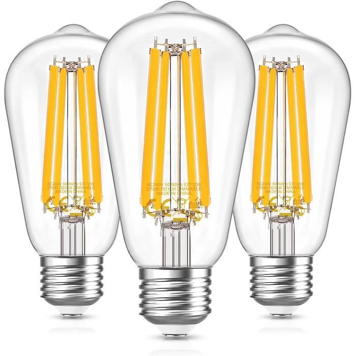 Lot De 3 Ampoules Led Culot Edison À Vis E27 Variable Vintage Blanc Chaud 2700K 12 Watt ...