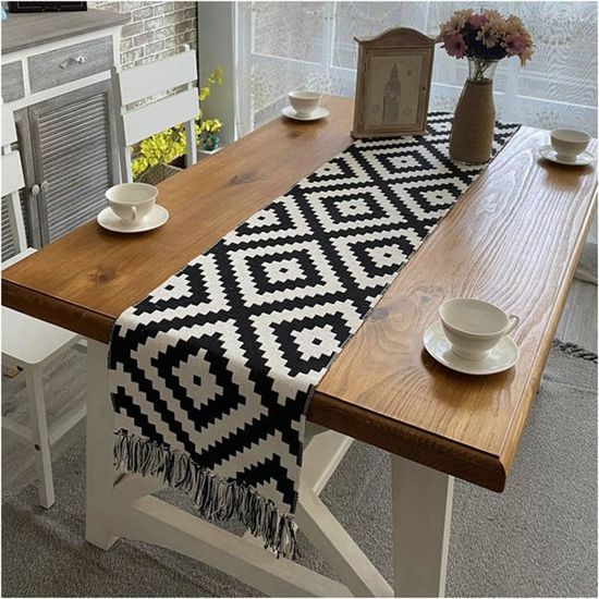 Chemin de Table Noir Blanc Chemin Table Coton et Lin Motif de Puzzle ...