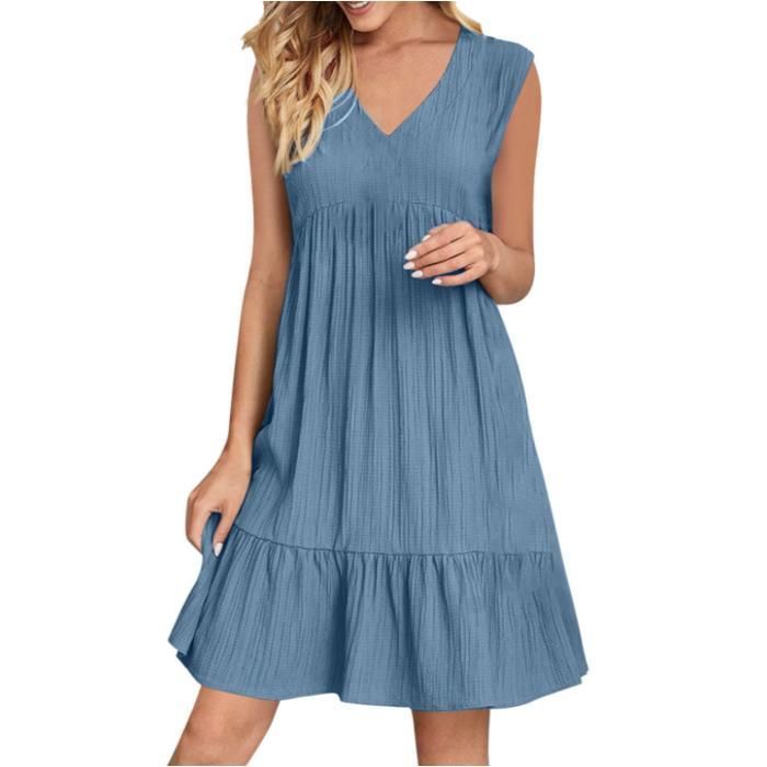 Robe Femme Chic Et Elegant Col V Manches Courtes éTé Tunique Robe Ample ...