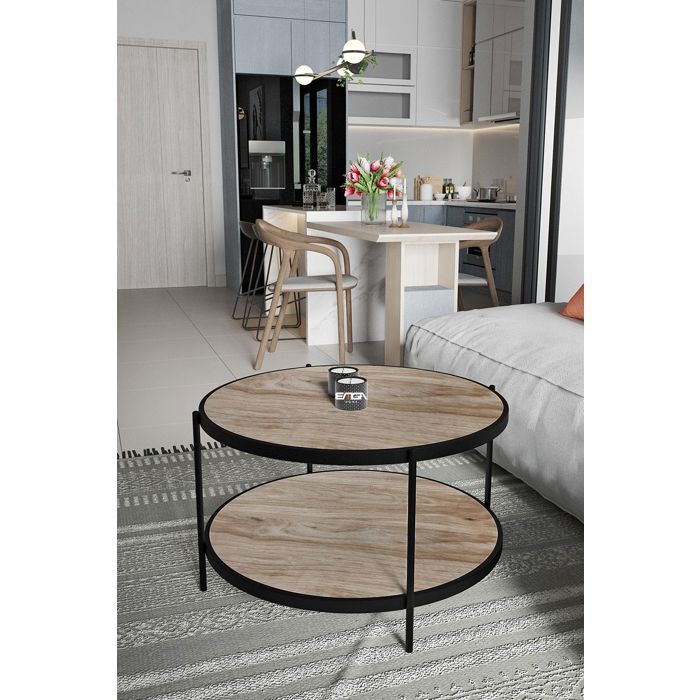 Table basse ronde - MENZZO - Kadira - Bois clair et Métal Noir - 73cm ...