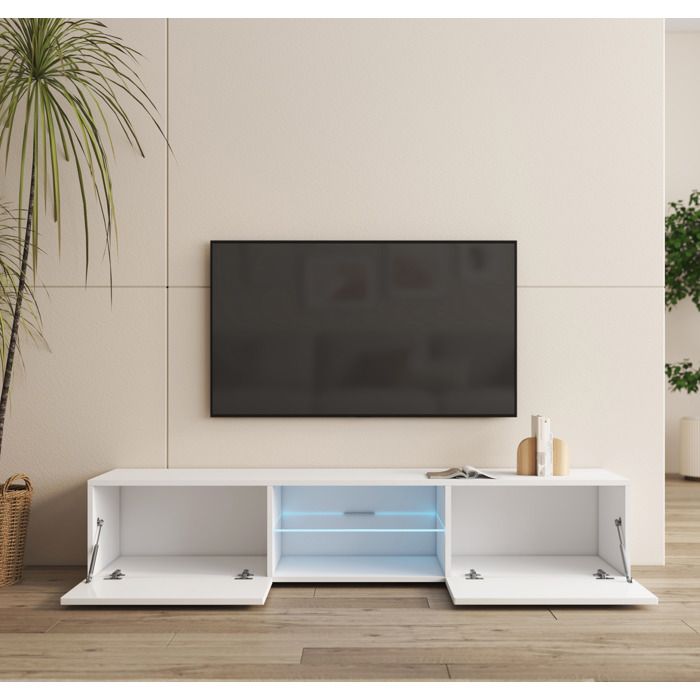 Meuble TV avec pieds pour Salon | LED bleu | Couleur Blanc | 2 Portes 1 ...