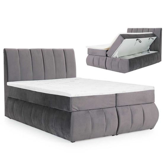 Lit boxspring - OXANA - 140x200 - Velours gris - Coffre de rangement ...