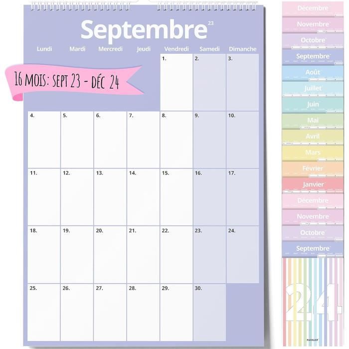 Calendrier 2023-2024 Minimaliste Mur 16 Mois Sept 23 Dic 24 - Grand ...