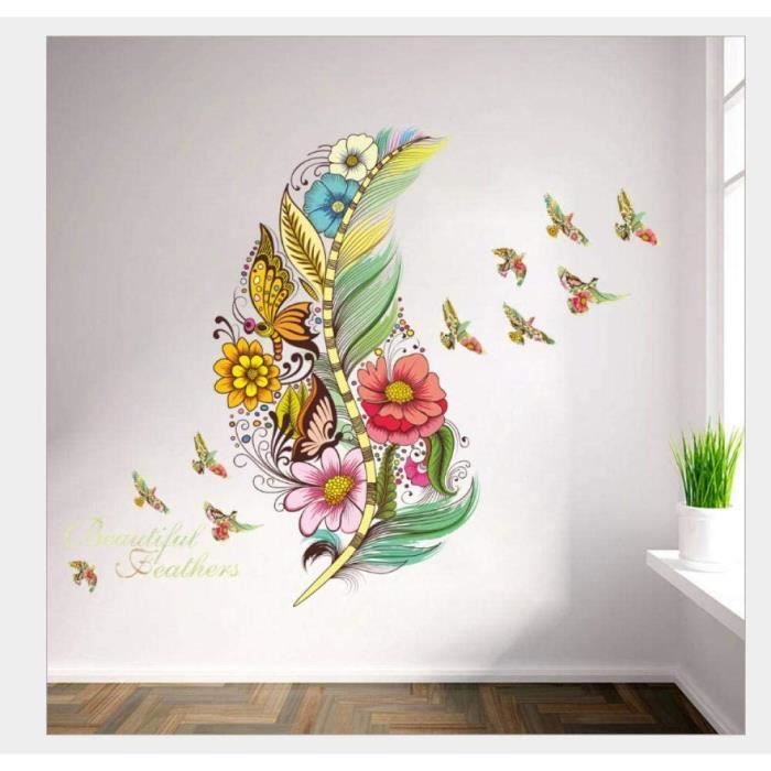 Stickers Autocollants Muraux Papillon Plume Colorée Salon Chambre ...